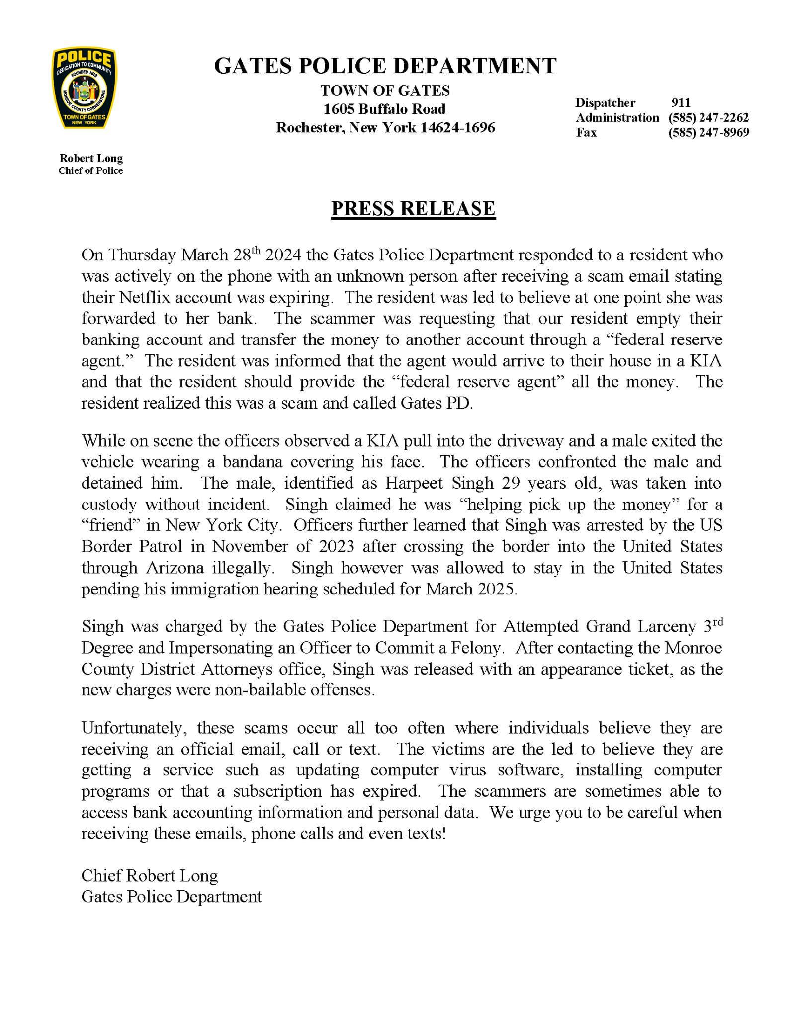 Gates Police Department - Press Release - St. Pius Federal Credit Union